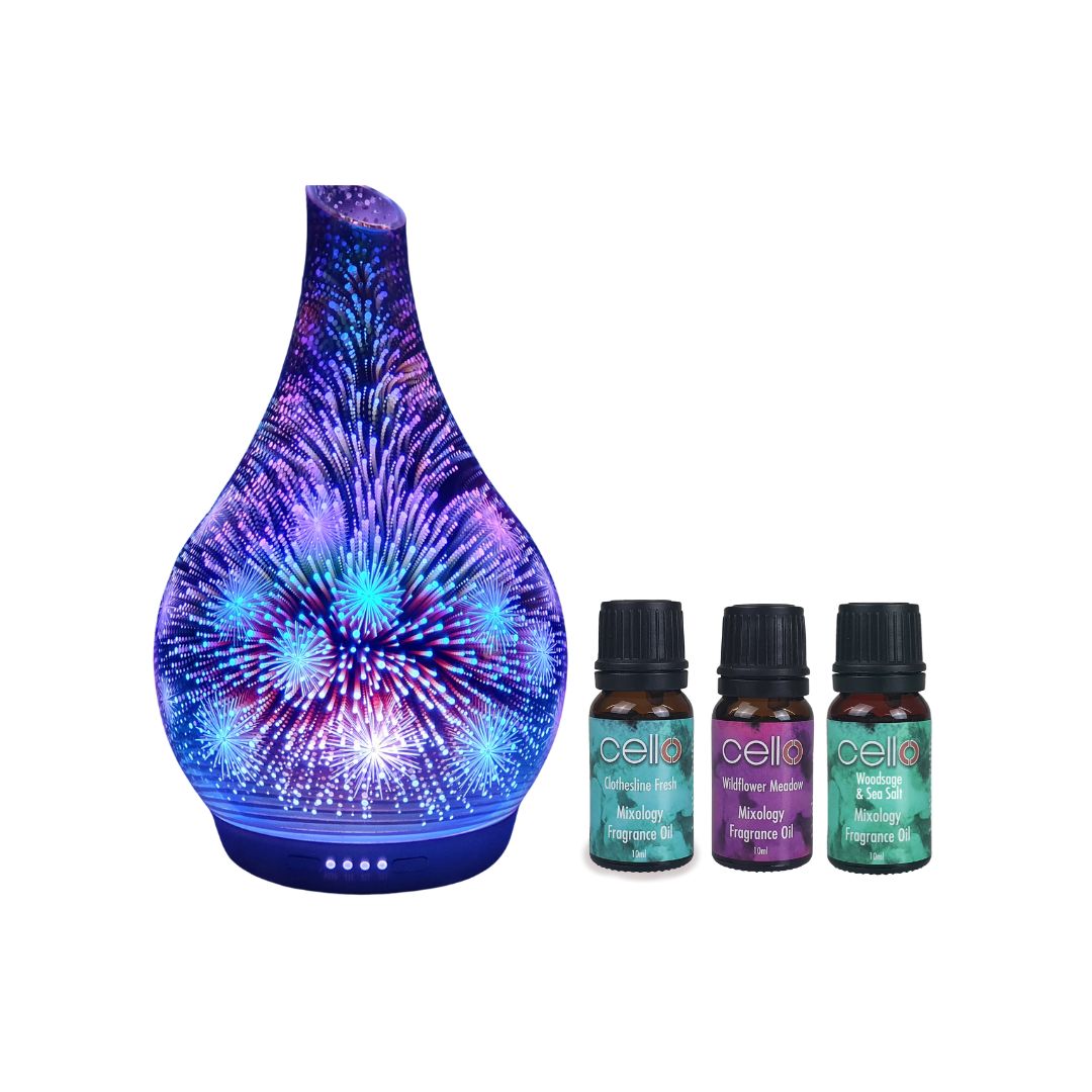 Cello Large Ultrasonic Diffuser with Set of 3x 10ml Aroma Oils - Firew