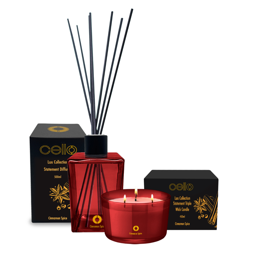 Cello Premium Reed Diffuser & 3 Wick Candle Set in Cinnamon Spice